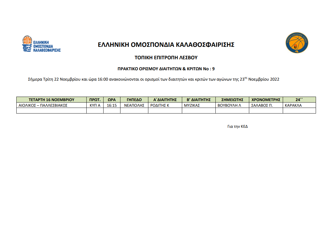 ΟΡΙΣΜΟΙ 22 ΚΑΙ 23 ΝΟΕΜΒΡΙΟΥ 2022 - Τοπική Επιτροπή Λέσβου