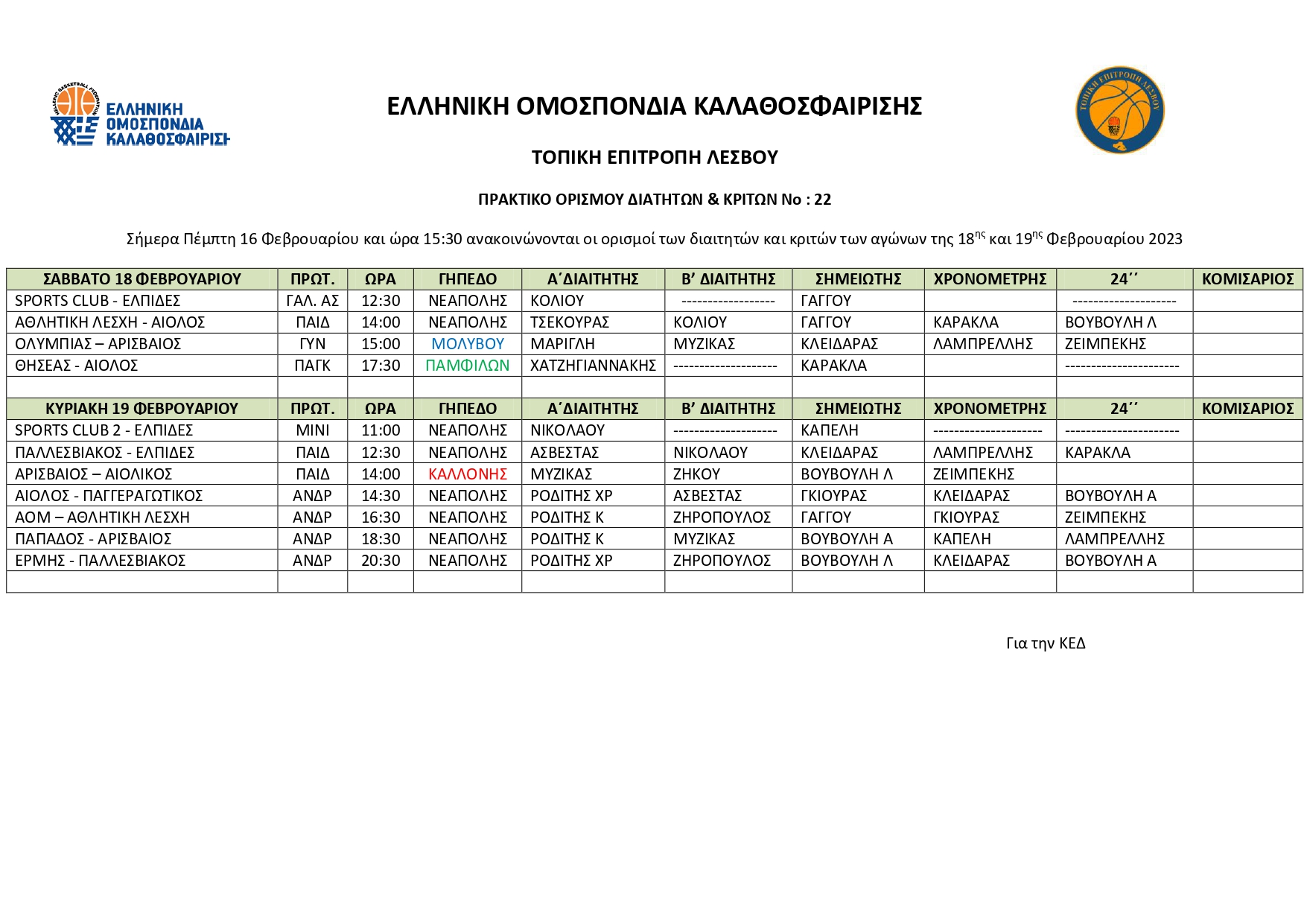 ΟΡΙΣΜΟΙ 18 & 19 ΦΕΒΡΟΥΑΡΙΟΥ 2023 - Τοπική Επιτροπή Λέσβου