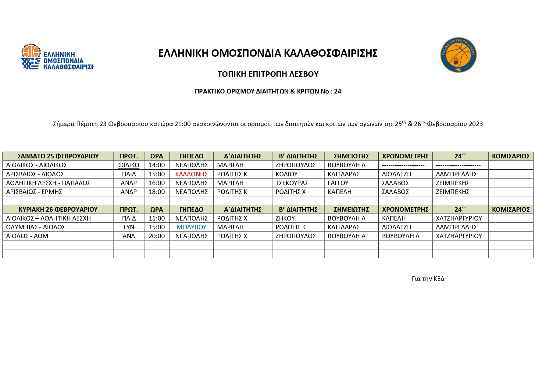 ΟΡΙΣΜΟΙ 25 & 26 ΦΕΒΡΟΥΑΡΙΟΥ 2023 - Τοπική Επιτροπή Λέσβου