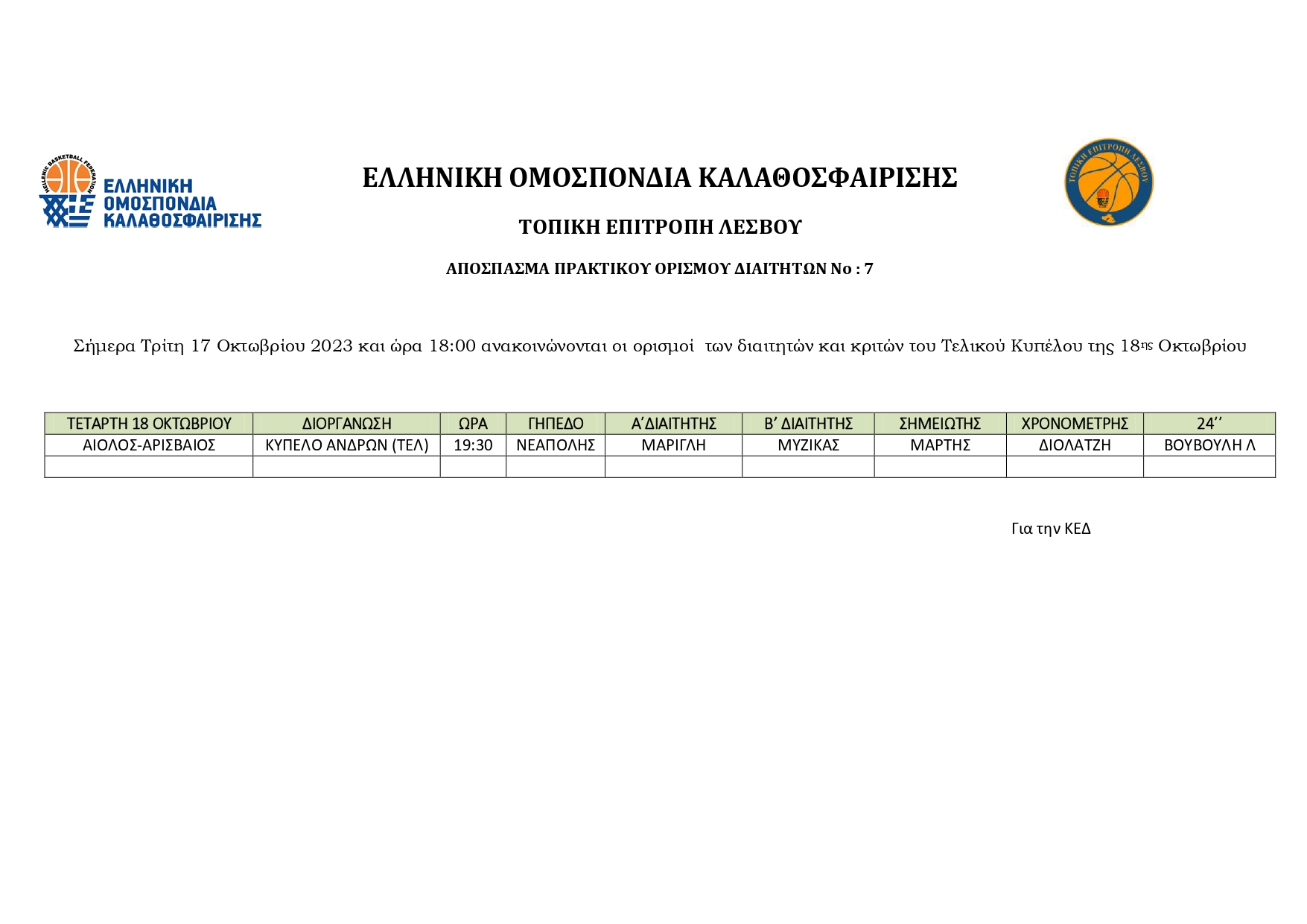 ΟΡΙΣΜΟΣ ΤΕΛ ΚΥΠΕΛΟΥ της 18ης ΟΚΤ 23 - Τοπική Επιτροπή Λέσβου