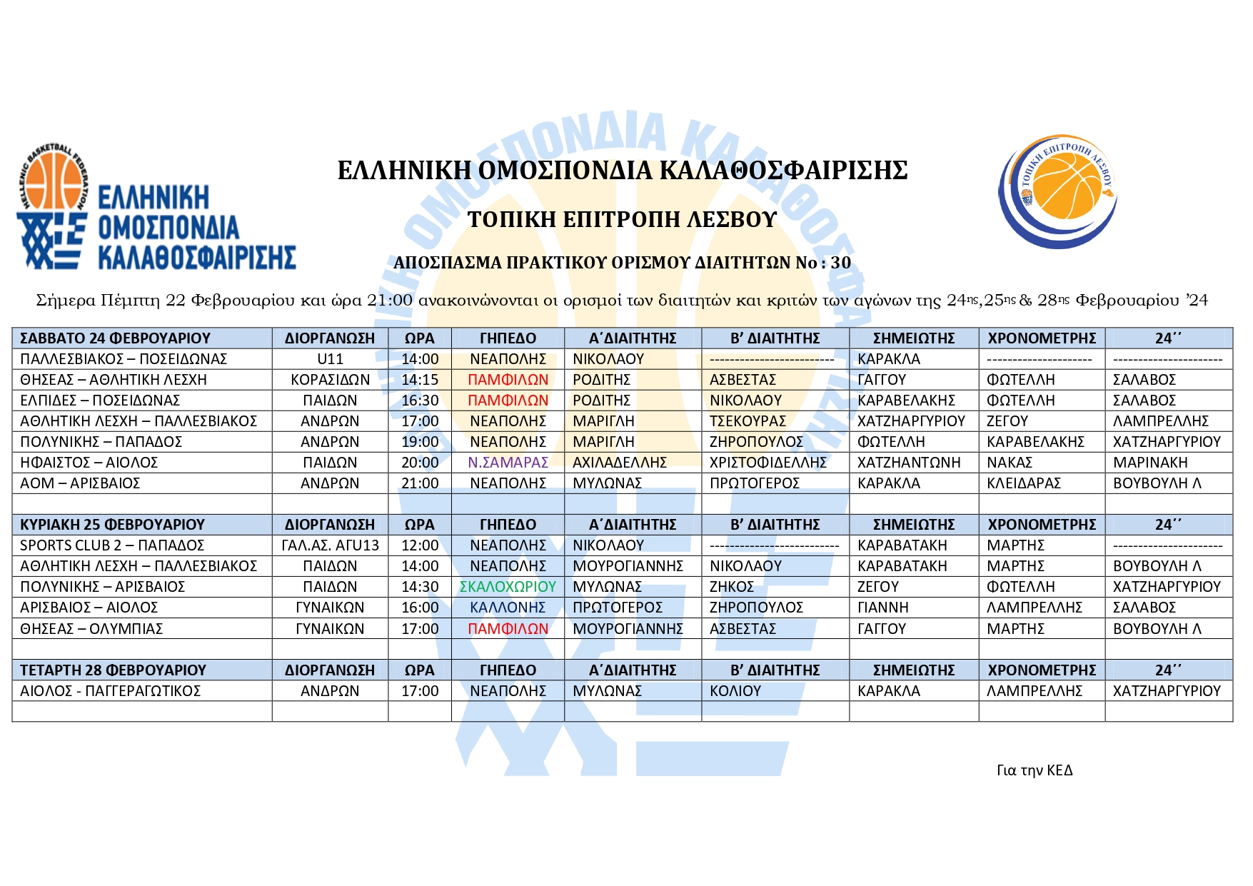 ΟΡΙΣΜΟΙ 24,25 & 28 ΦΕΒ ’24 - Τοπική Επιτροπή Λέσβου